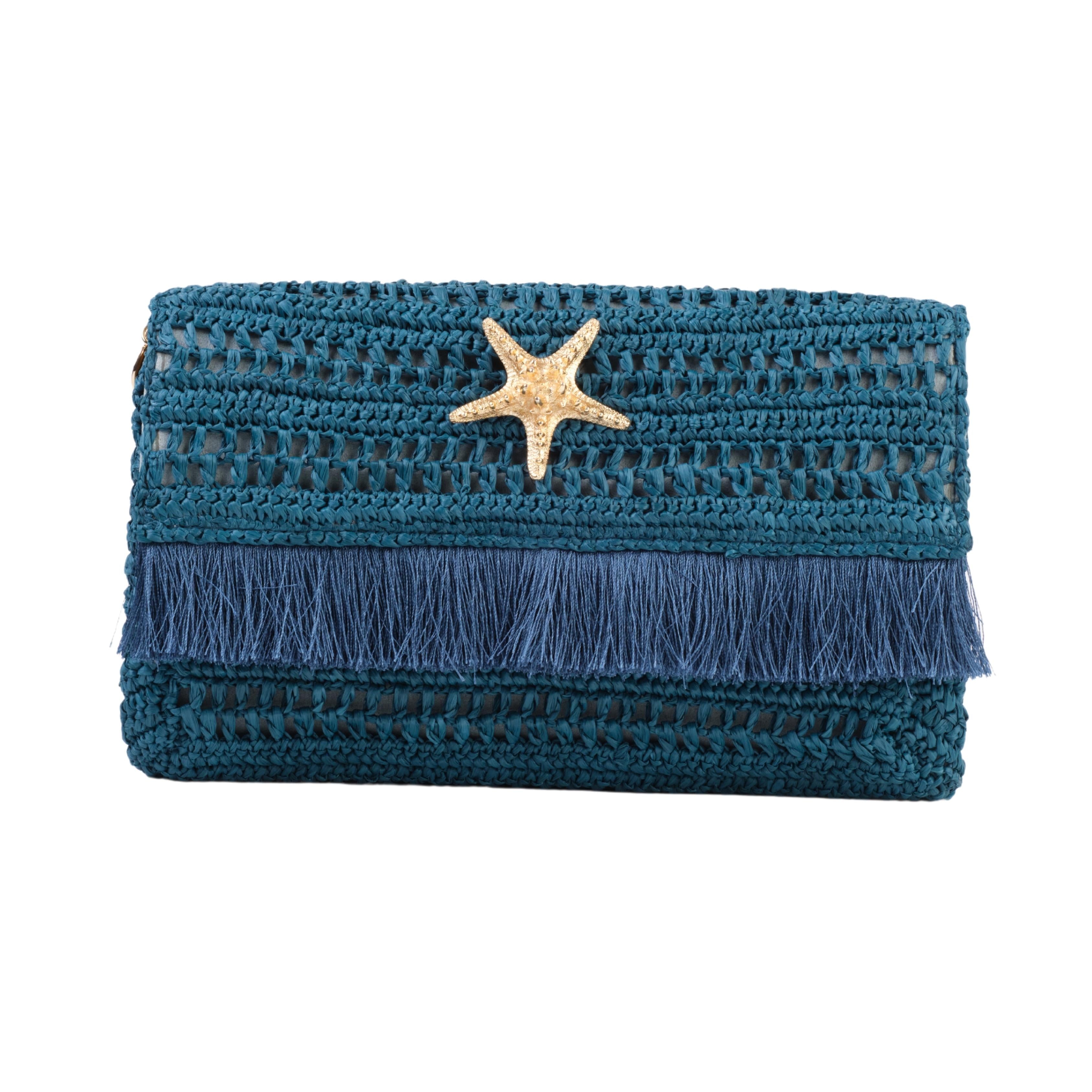 JENA Teal Slim Raffia Clutch with gold emblem