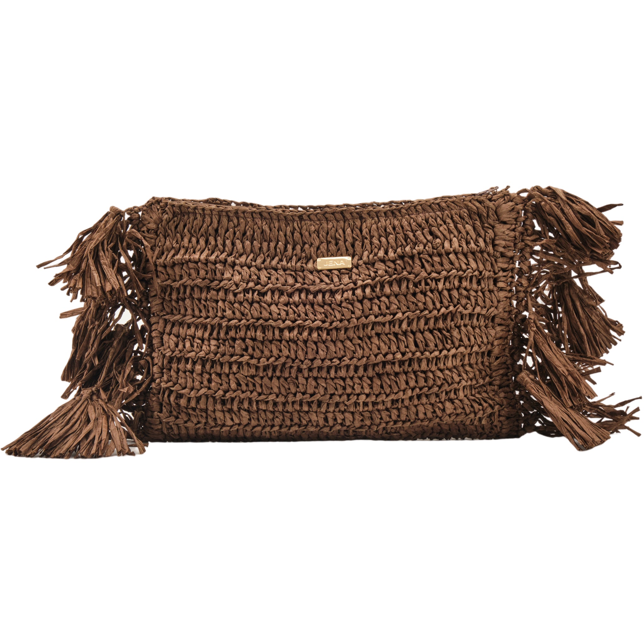 JENA Coffee Brown Raffia Clutch with Tassels