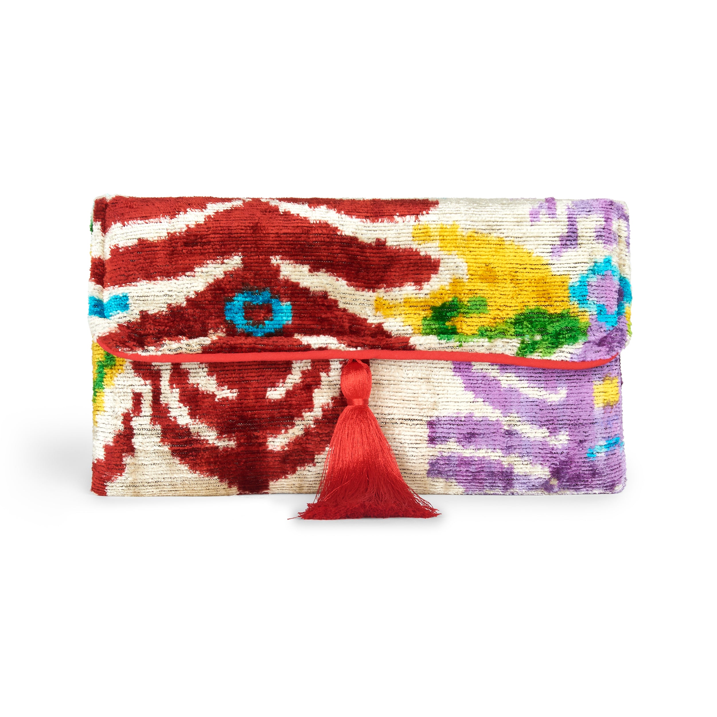 JENA Samba Red Multicolor Velvet Silk Fold Over Clutch